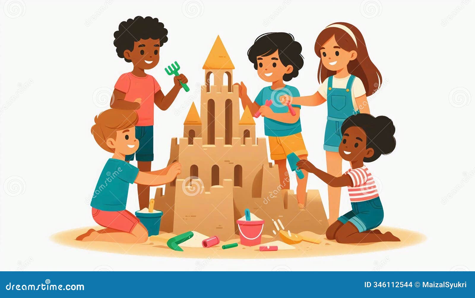 Kids from Different Cultures Building a Sandcastle, Teamwork, and ...