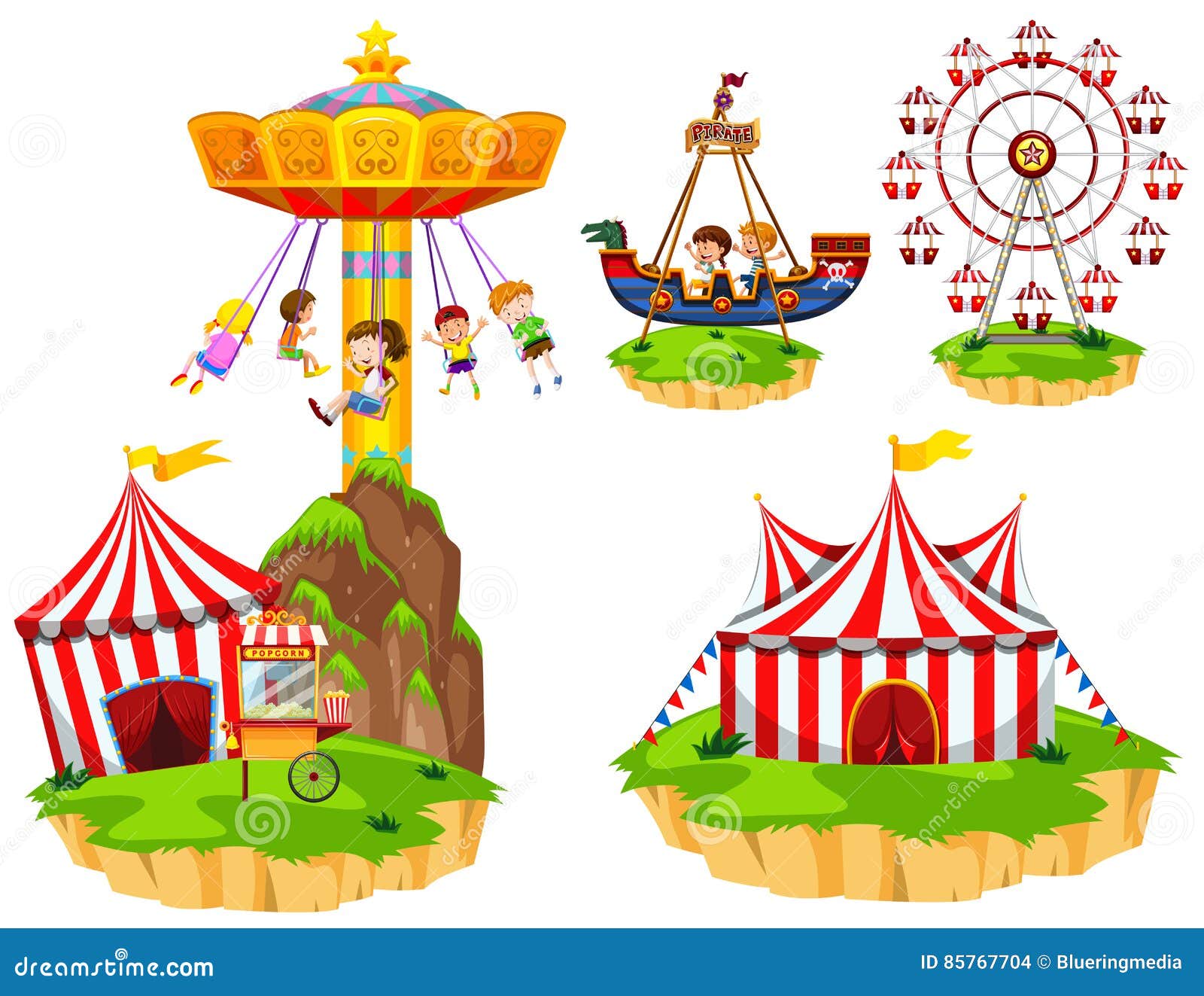 Kids on Different Types of Rides at Park Stock Vector - Illustration of ...