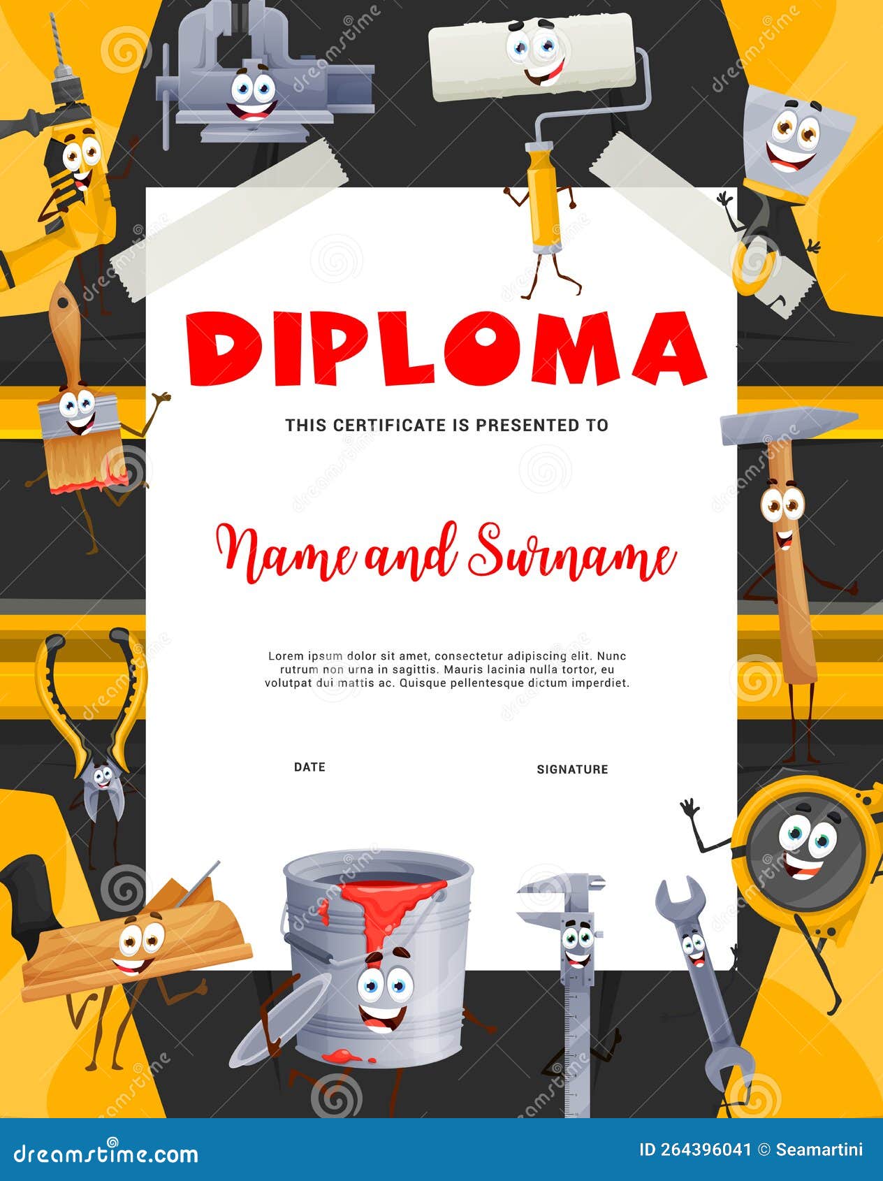 Kids Diploma with Cartoon Construction Tools Stock Illustration ...