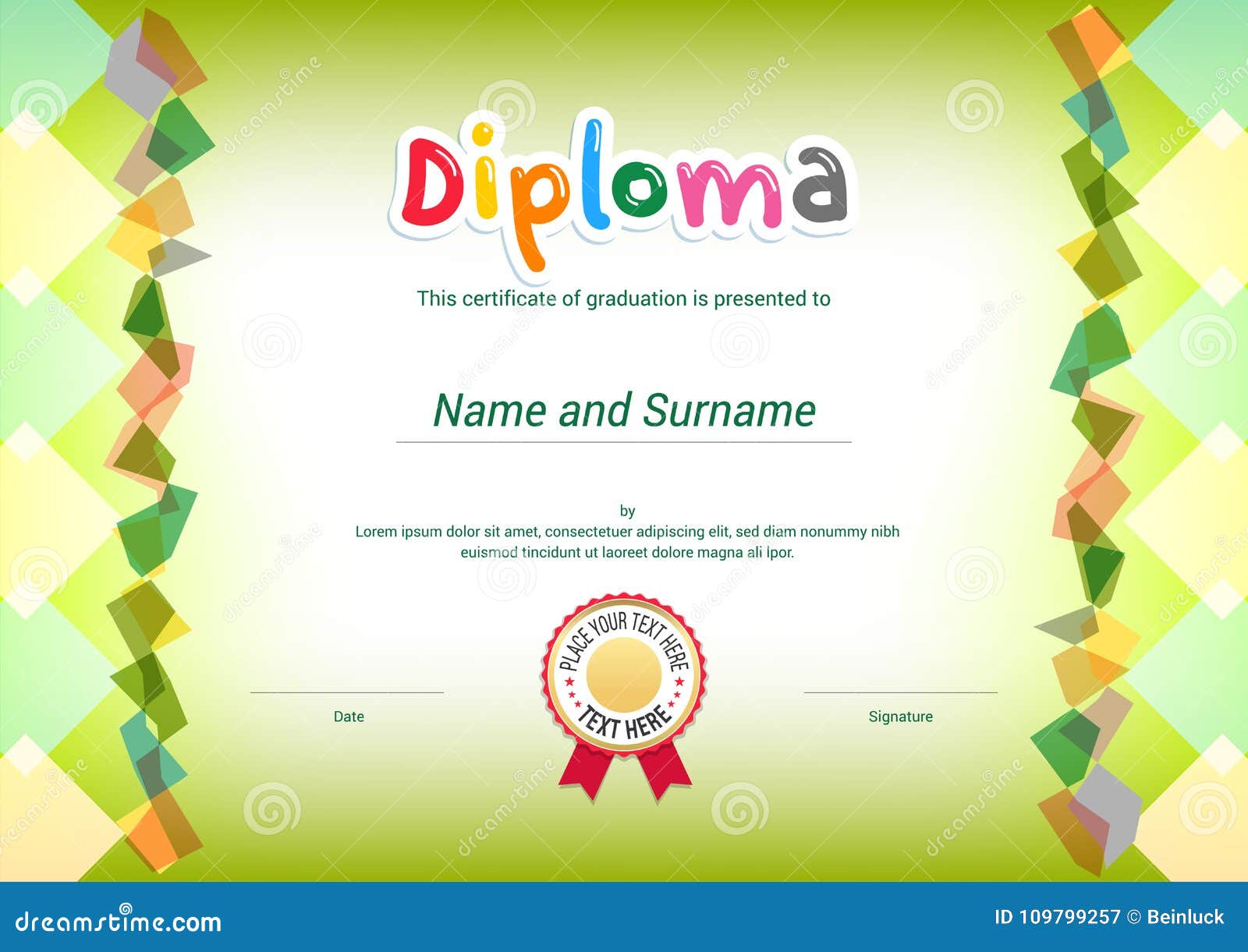 Kids Diploma or Certificate Template with Colorful Background Stock ... Kids Diploma or Certificate Template with Colorful Background Stock ...