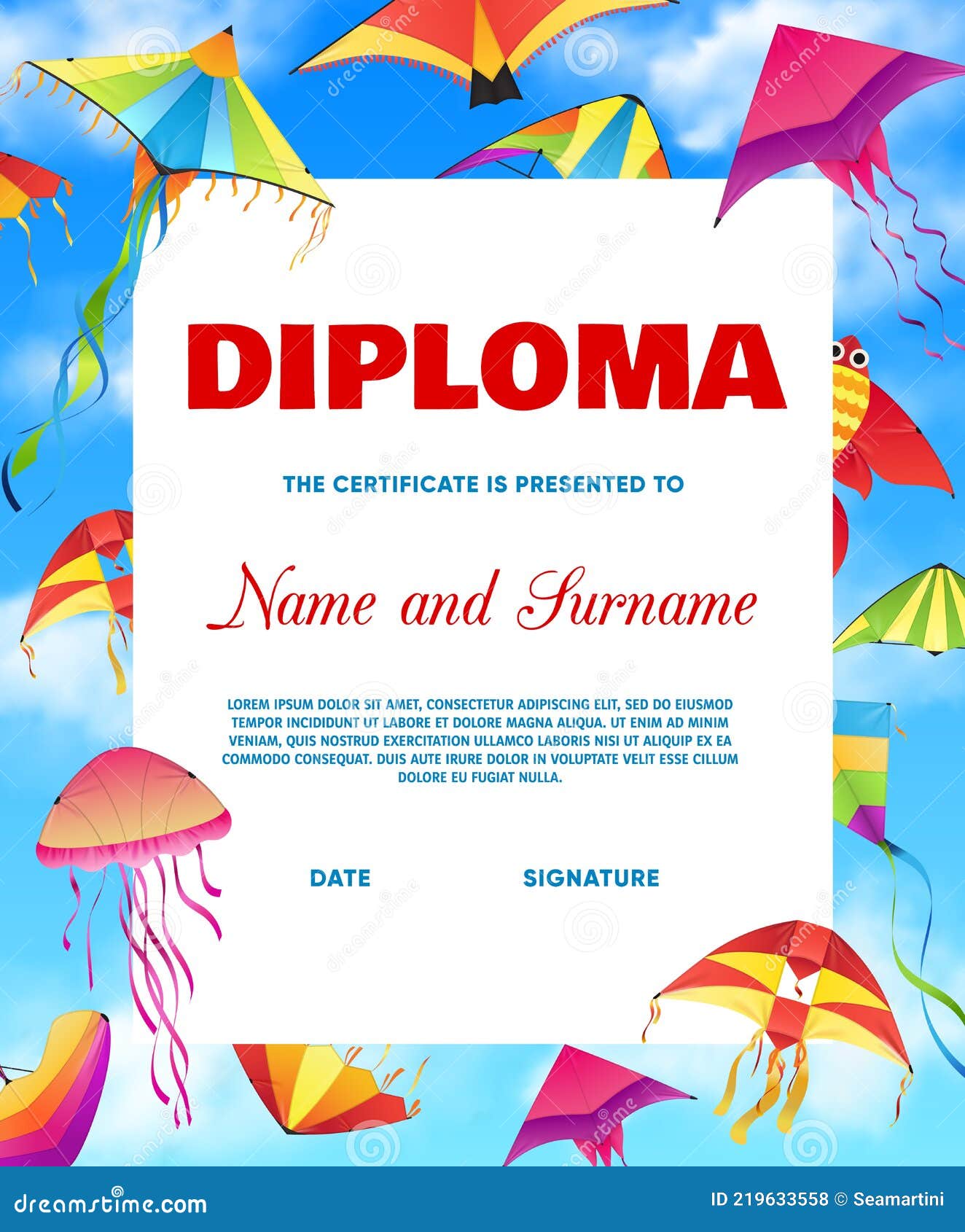 Kids Diploma with Kites Flying in Cloudy Sky Stock Vector ...