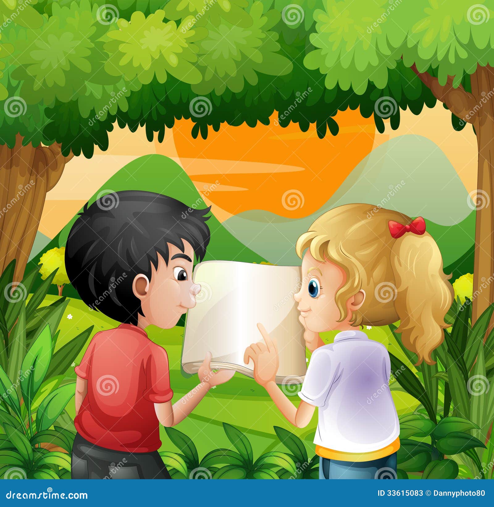 Kids Discussing with a Book at the Forest Stock Illustration ...