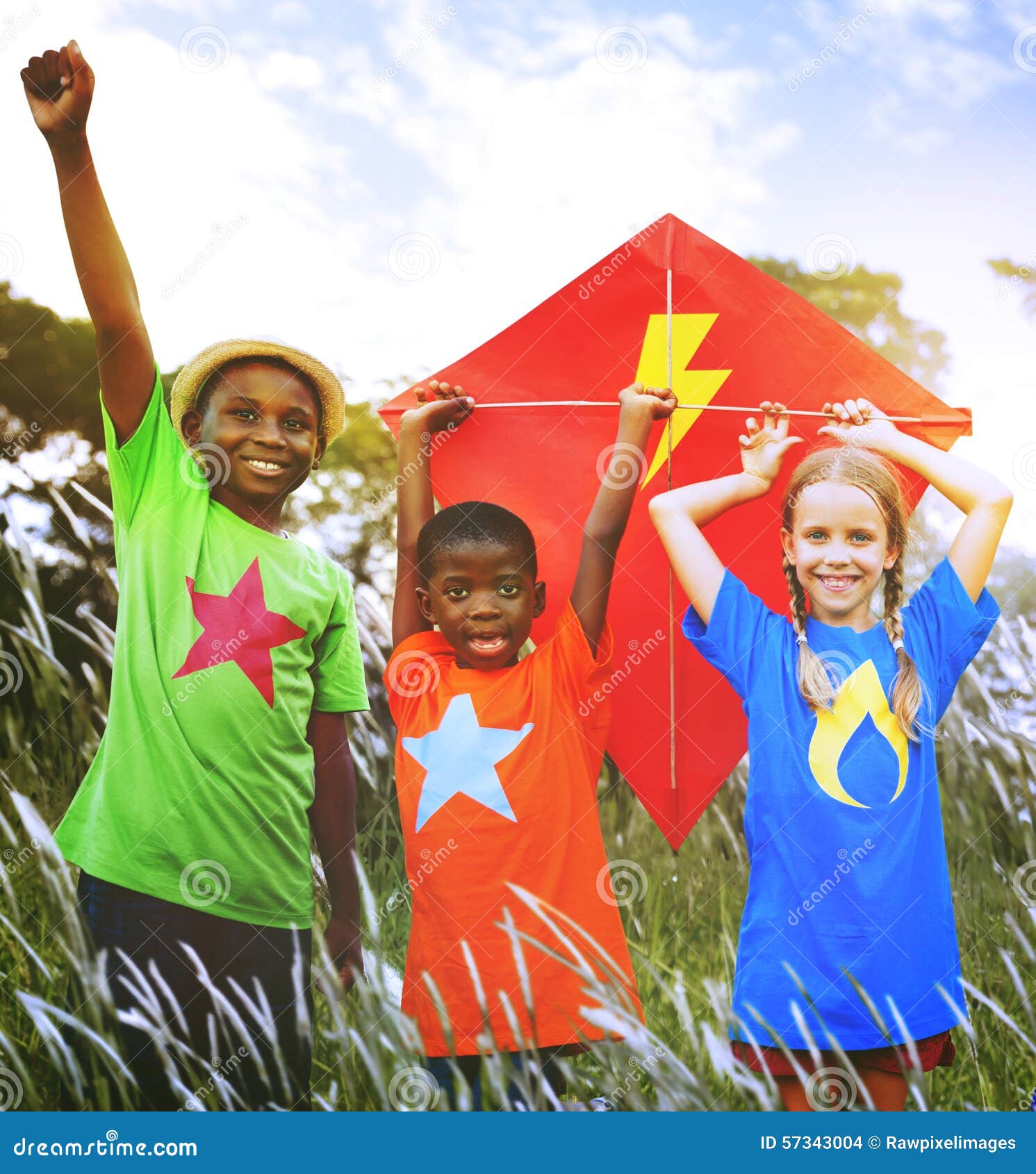 Kids Diverse Playing Kite Field Young Concept Stock Photo - Image of ...