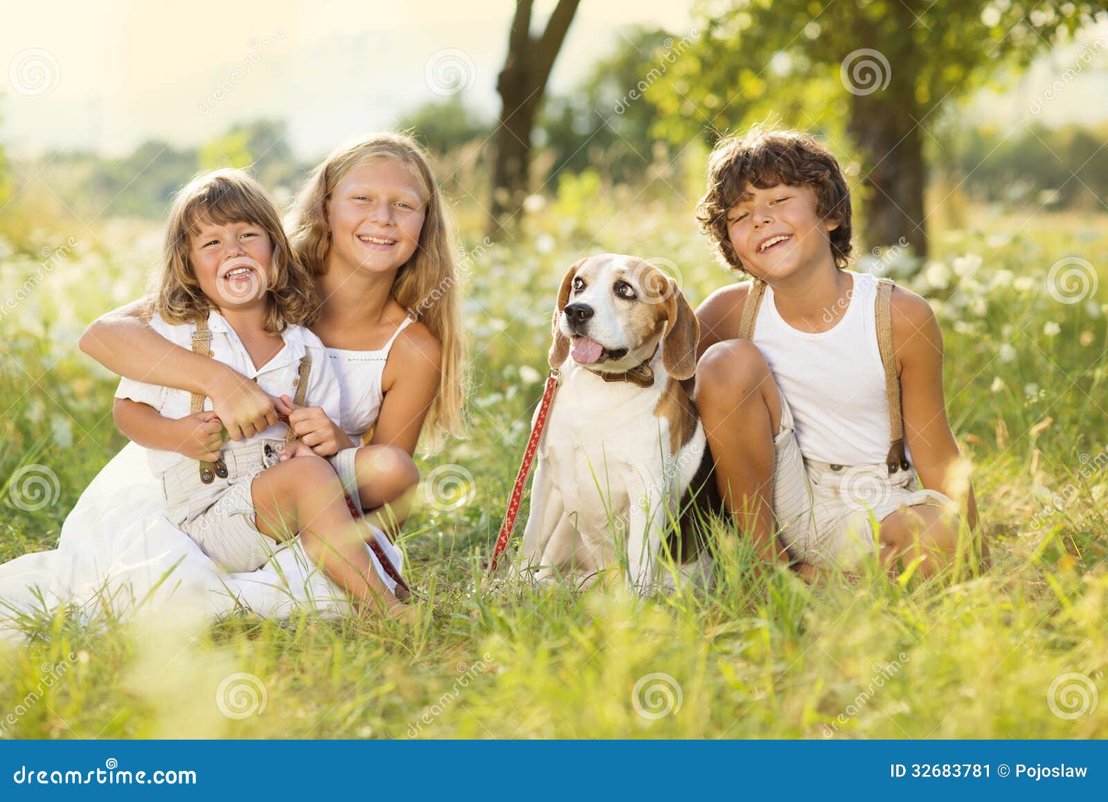 Kids with dog stock image. Image of father, garden, countryside - 32683781