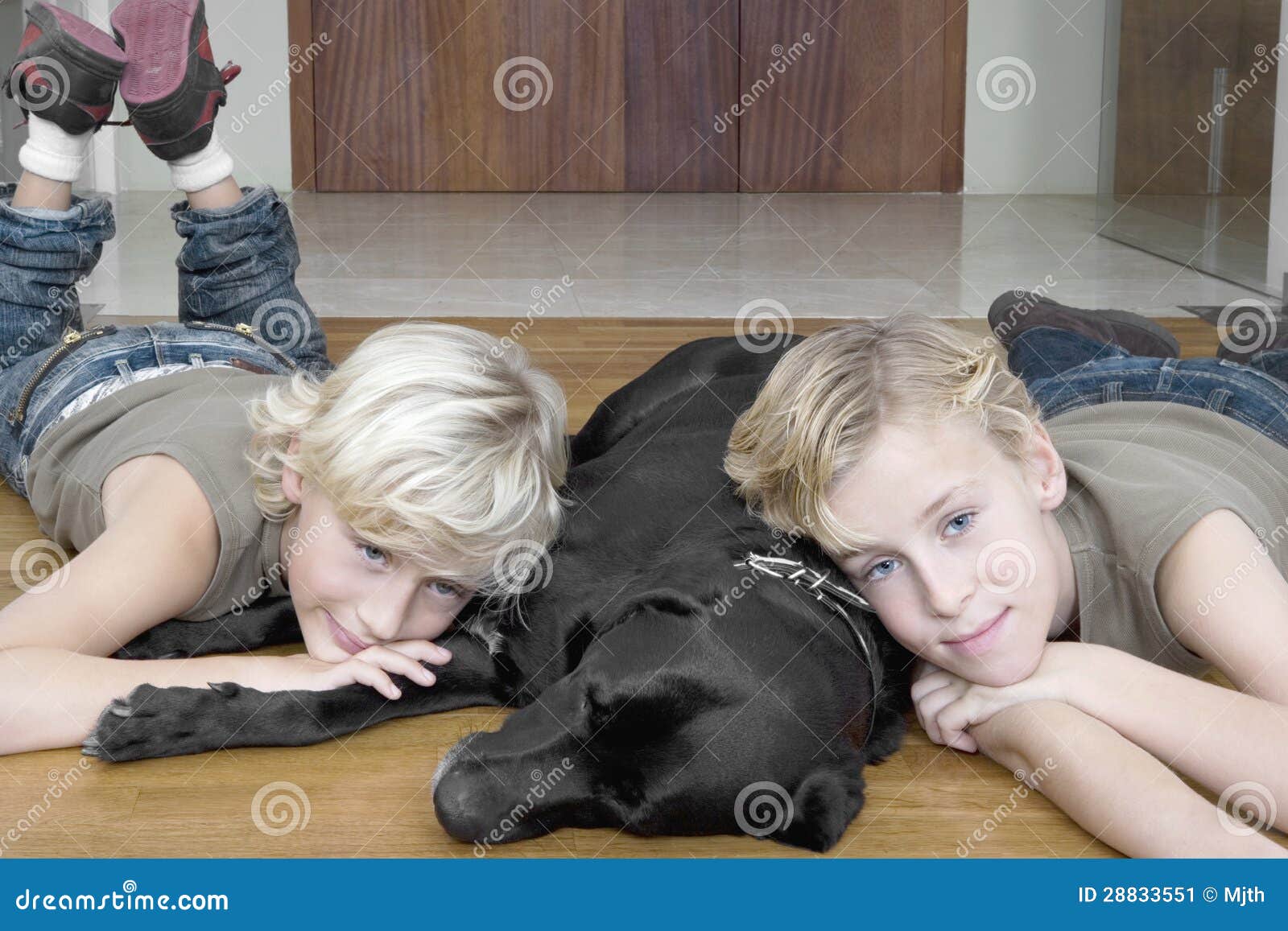Kids with Dog at Home stock image. Image of indoors, companionship ...