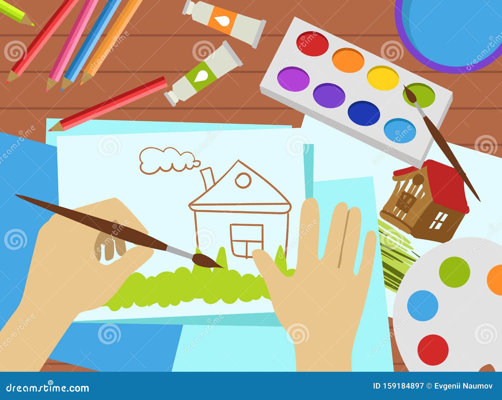 Kids Drawing Lesson Work Process, Top View, Art Studio Banner, Workshop ...