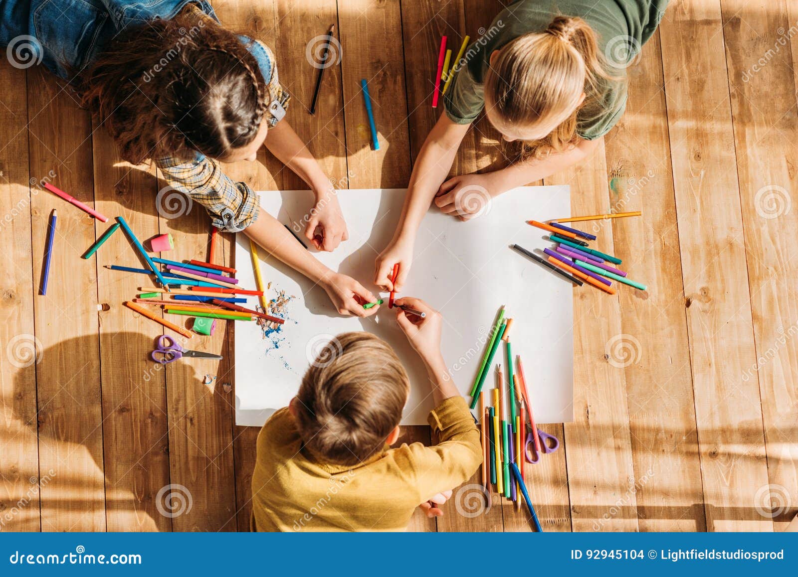 Kids Drawing Family With Pastels Hold Hand Together Royalty-Free Stock ...