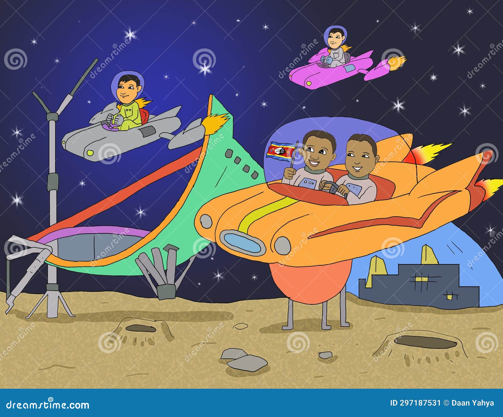 Kids Driving Space Plane Cartoon Illustration Stock Illustration ...