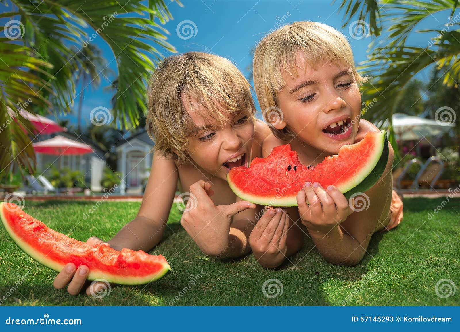 Kids eating watermelons stock image. Image of nature - 67145293