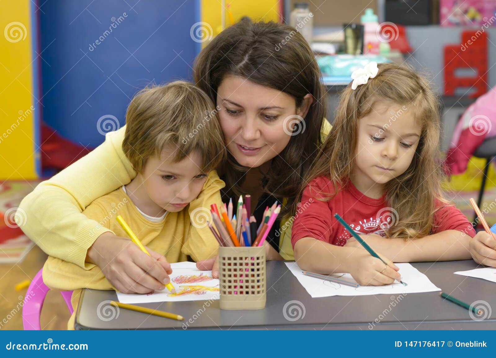 Kids and Educator Playing at Kindergarten Stock Image - Image of care ...