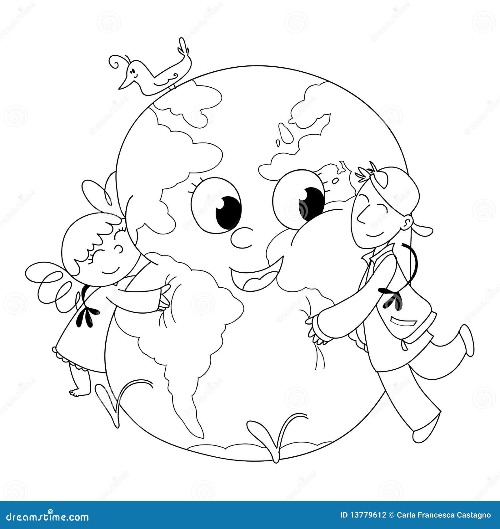 Kids embracing Earth BW stock vector. Illustration of natural - 13779612