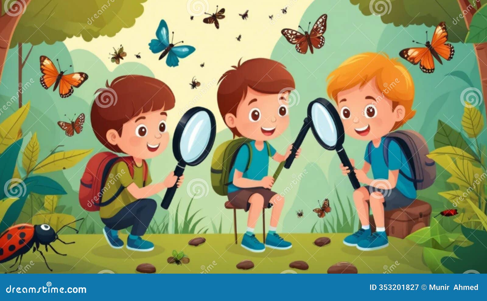 Kids Exploring Nature With Magnifying Glass And Insects Vector ...