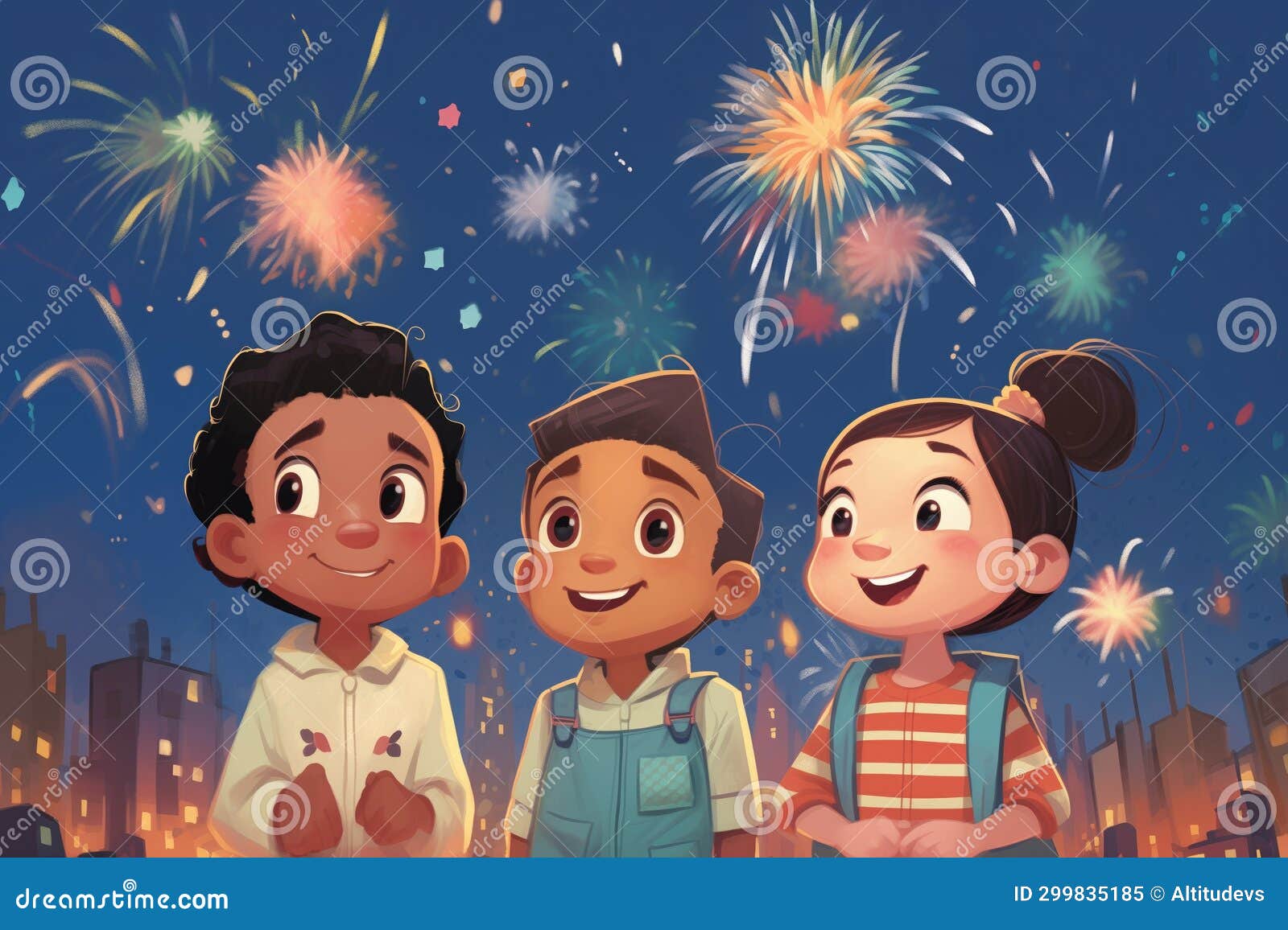 Kids with Eyes Wide Open Watching Colorful Fireworks Stock Image ...