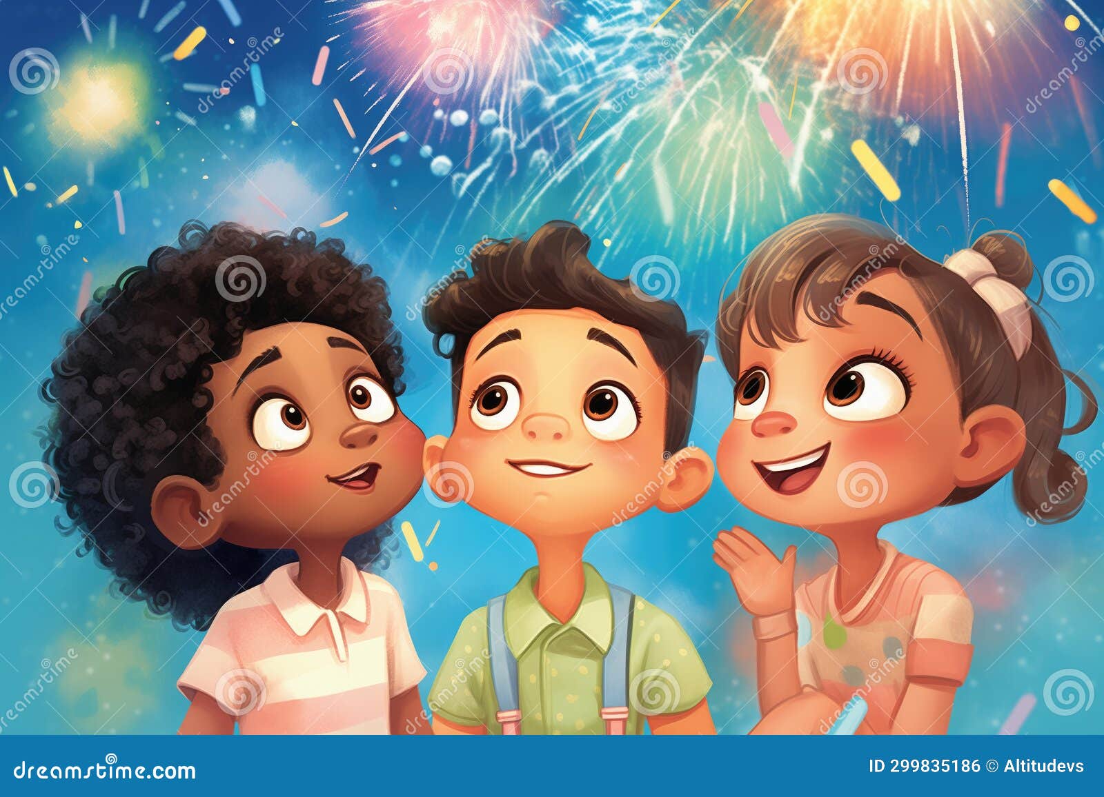 Kids with Eyes Wide Open Watching Colorful Fireworks Stock Photo ...