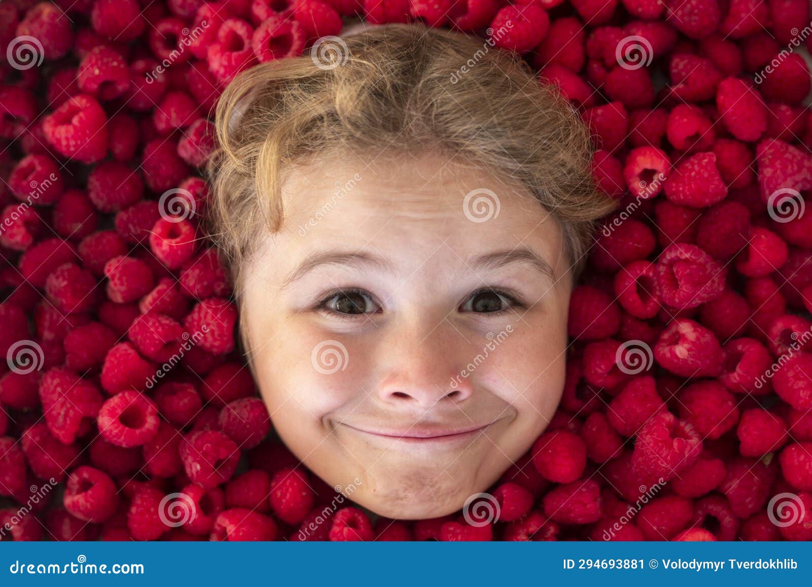The Kids Face with Raspberries Fruit and Berries. Summer, Pink Red ...