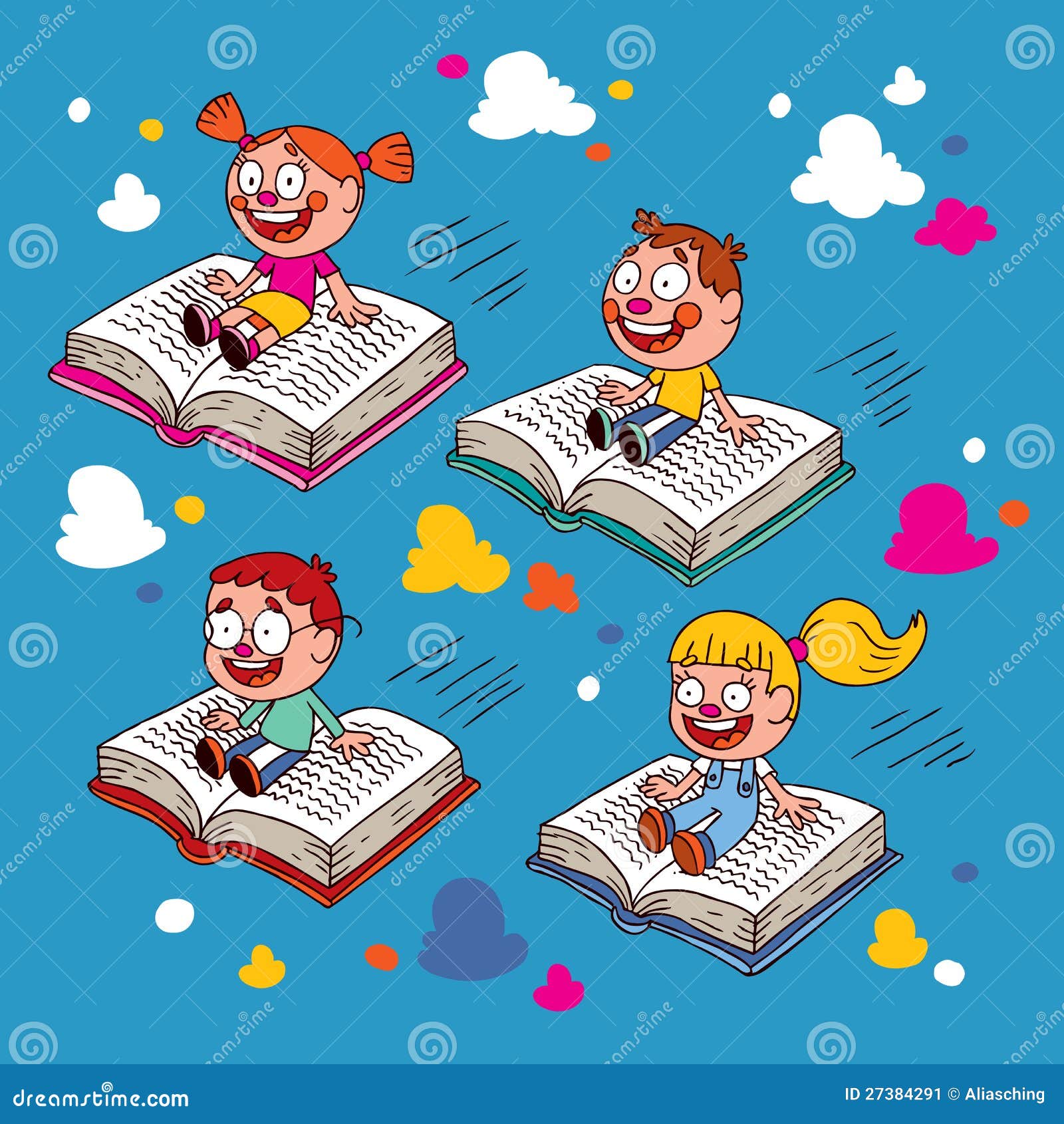 Kids flying on books stock vector. Illustration of bookstore - 27384291