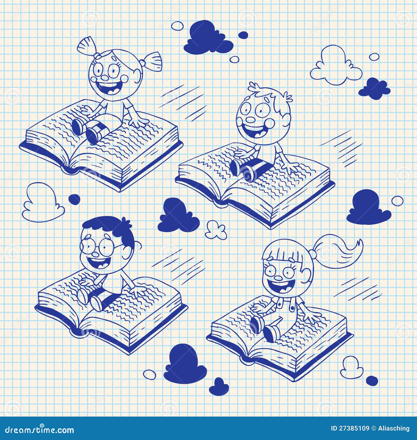 Kids flying on books stock vector. Illustration of library - 27385109