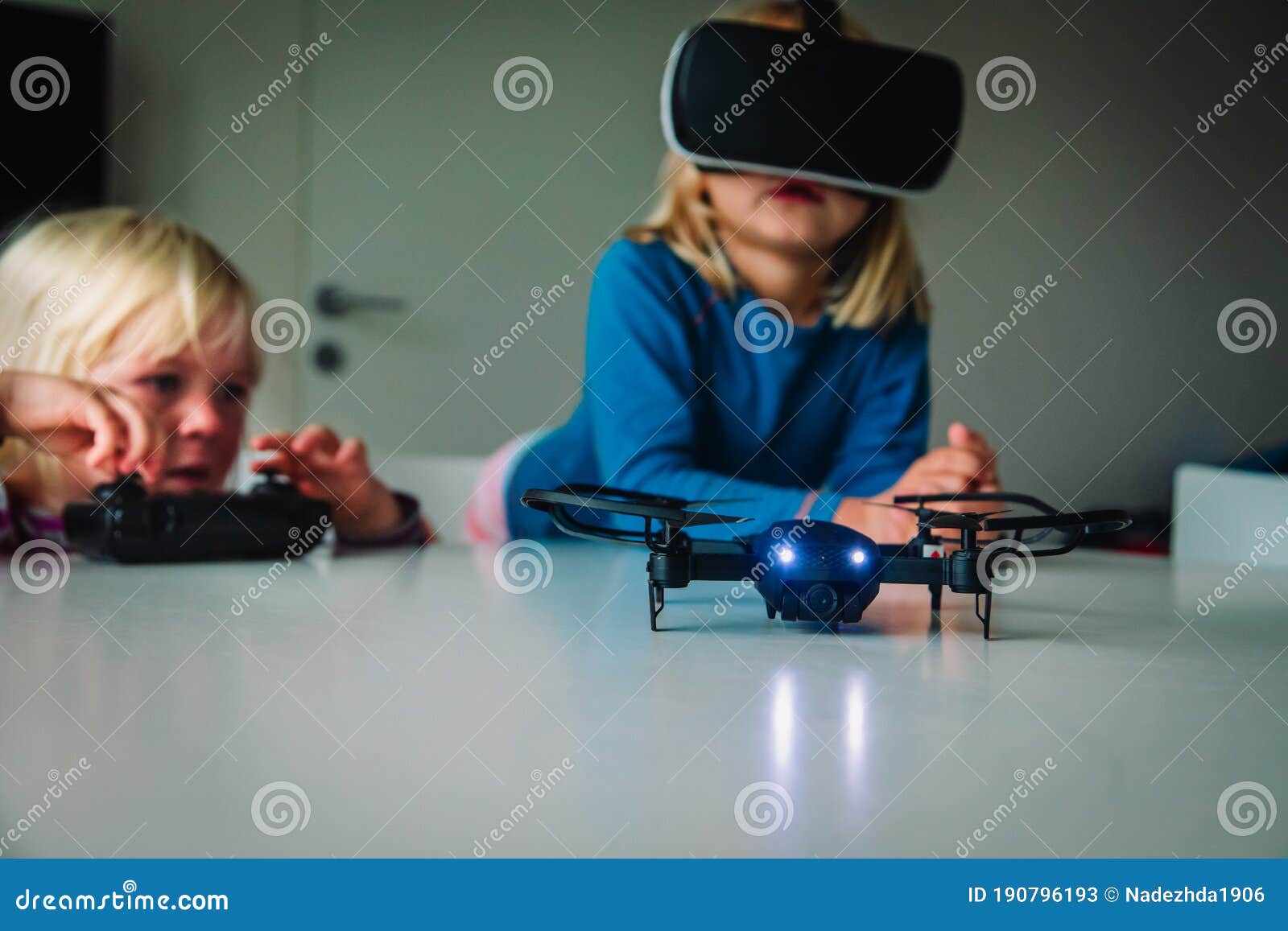 Kids Flying Drone in Virtual Reality Glasses at Home Stock Image ...