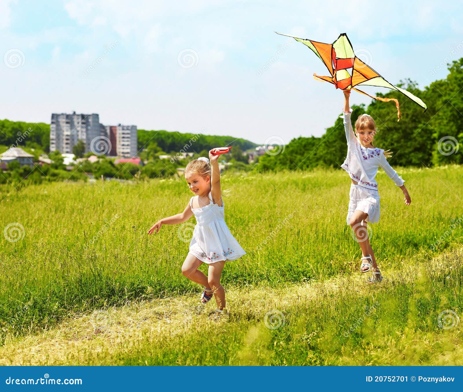 Kids flying kite outdoor. stock image. Image of girl - 20752701