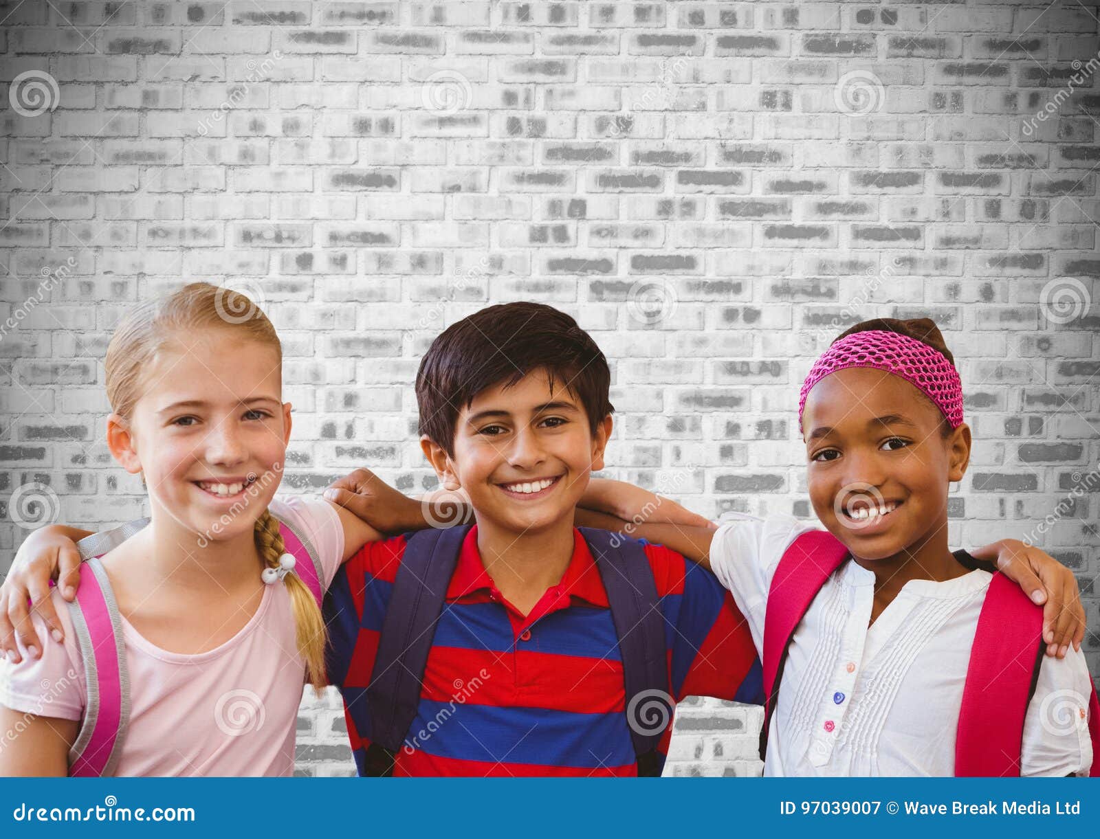 Kids Friends Together in Front of Brick Wall Stock Illustration ...