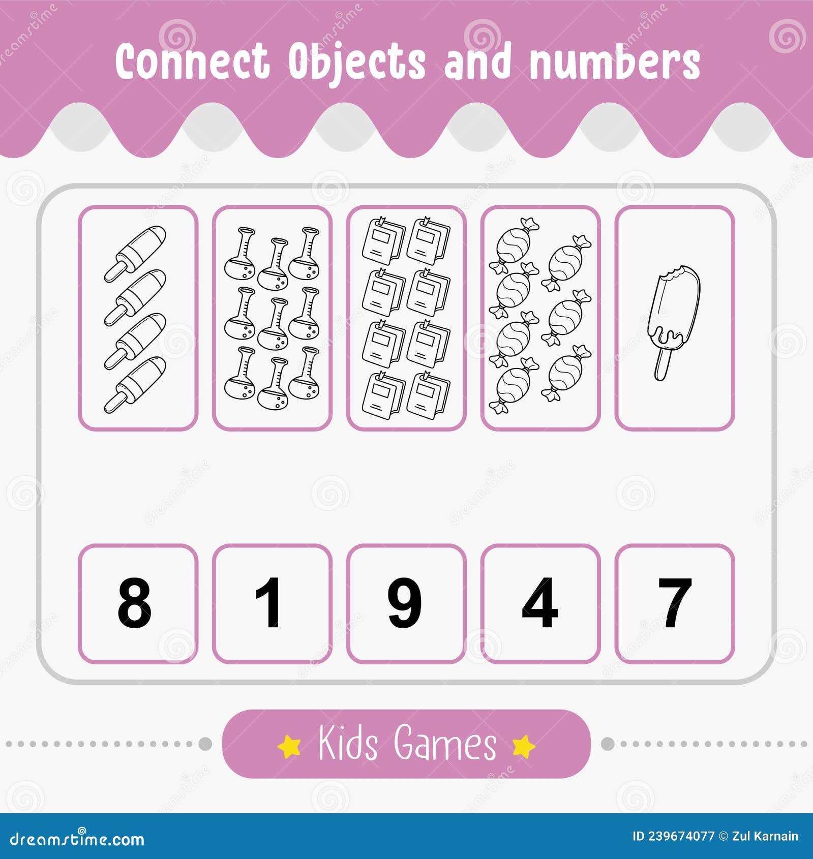 Game for Kids To Connect Objects and Numbers. Educational Worksheet for ...