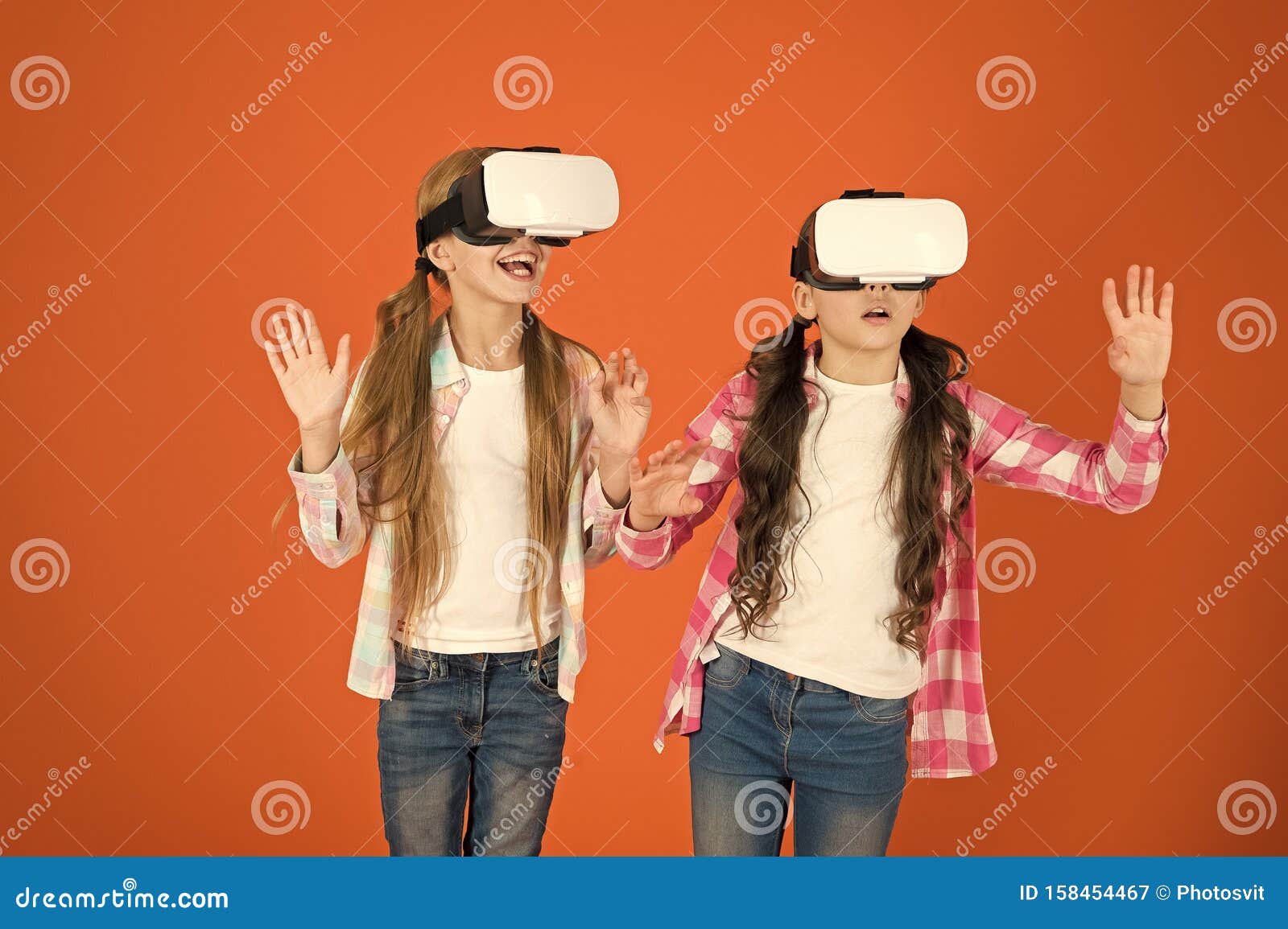Kids Girls Play Virtual Reality Game. Friends Interact in Vr. Explore ... Kids Girls Play Virtual Reality Game. Friends Interact in Vr. Explore ...