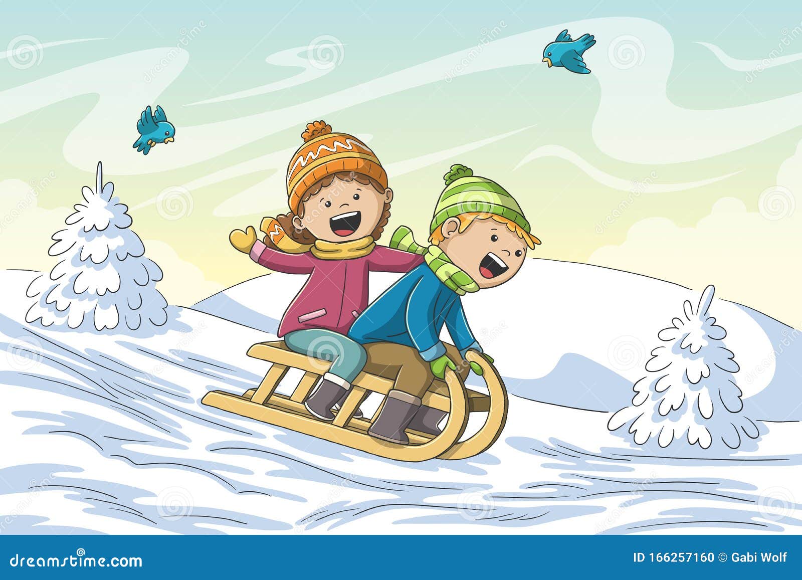 Kids Go Sledging Vector Illustration | CartoonDealer.com #166257160