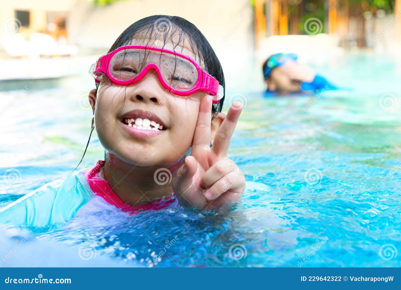 Kids in Goggles in Swimming Pool Stock Photo - Image of looking ...
