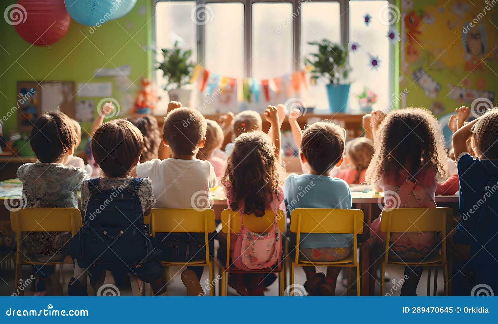 Kids Going Back To School in a Happy Colorful Classroom Stock ...