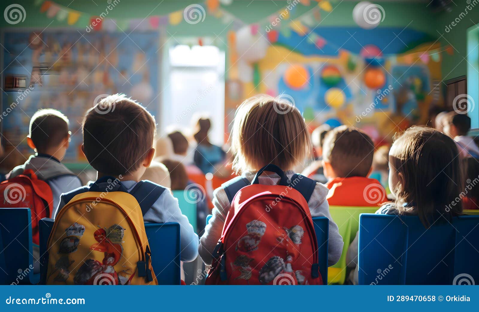Kids Going Back To School in a Happy Colorful Classroom Stock ...