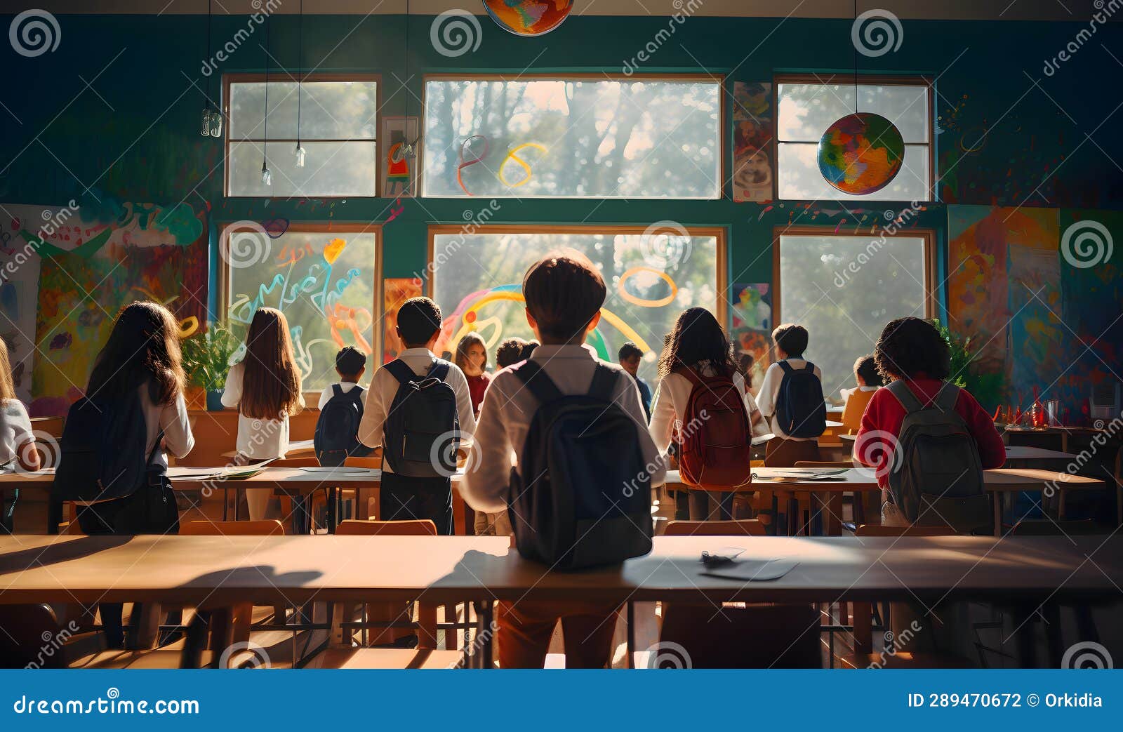 Kids Going Back To School in a Happy Colorful Classroom Stock ...