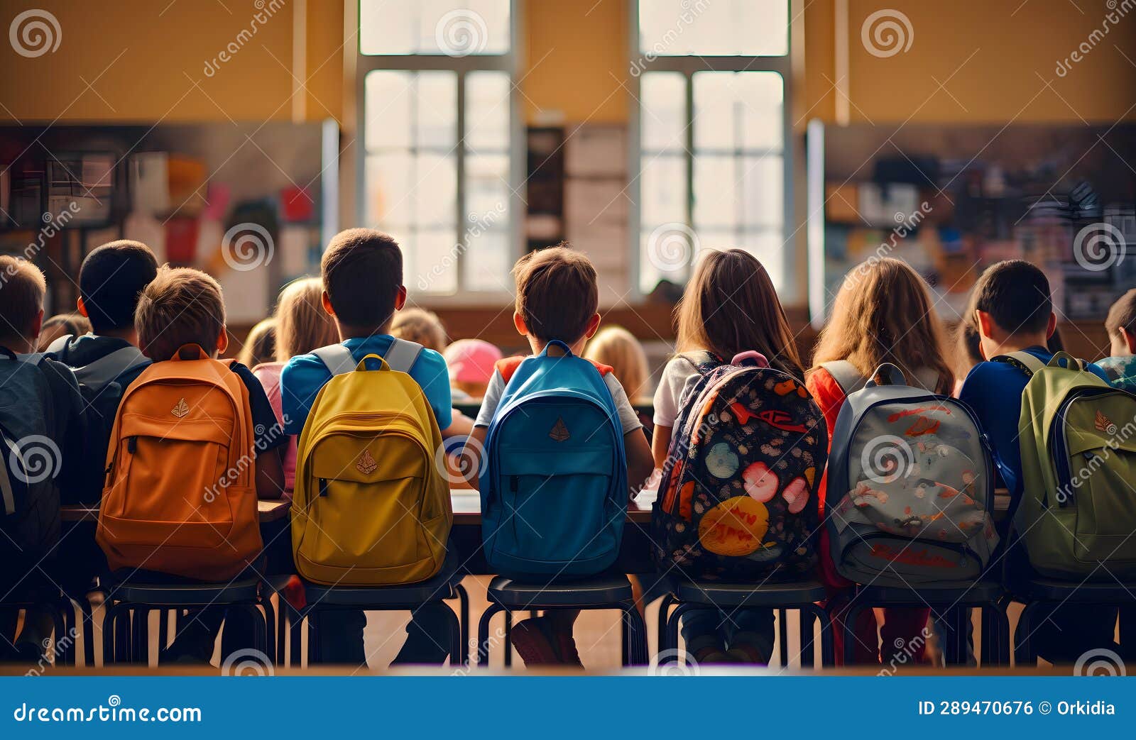 Kids Going Back To School in a Happy Colorful Classroom Stock ...