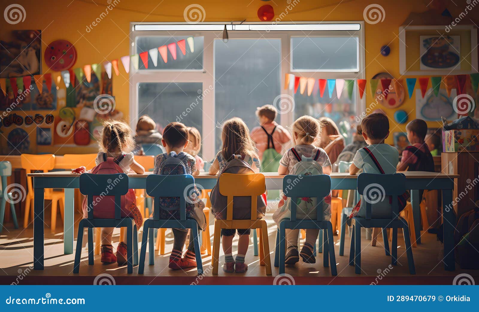 Kids Going Back To School in a Happy Colorful Classroom Stock ...