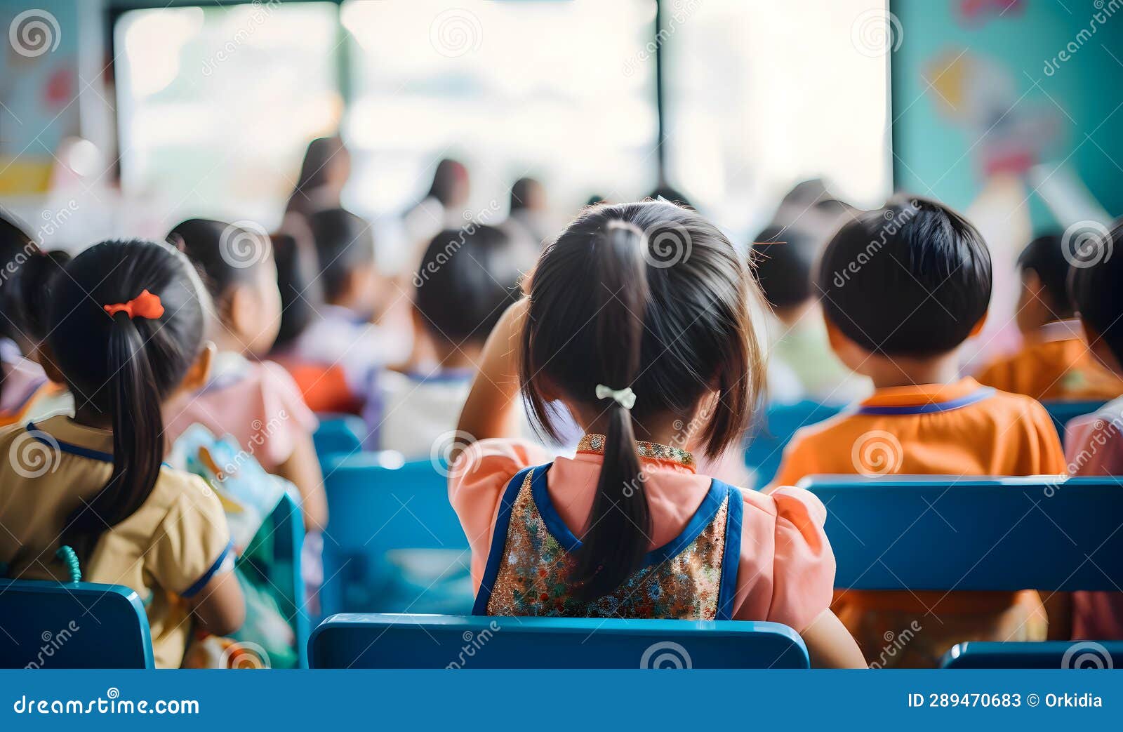 Kids Going Back To School in a Happy Colorful Classroom Stock ...