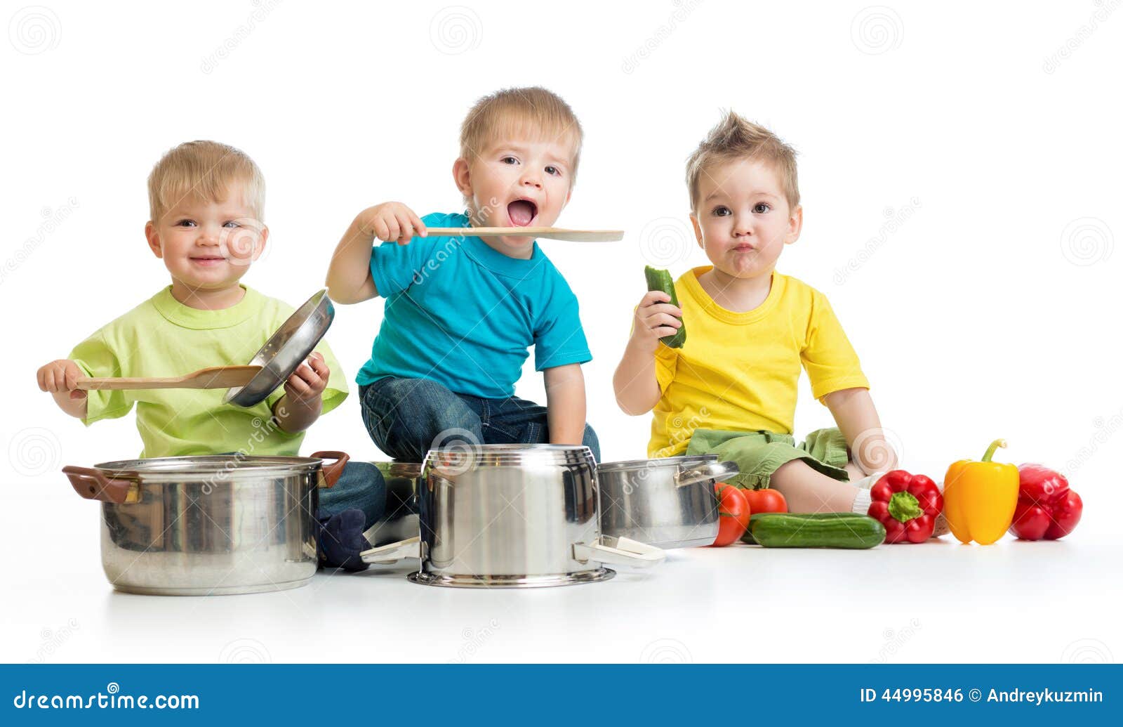 Kids Group Cooking on White. Three Boys are Playing Wit Stock Photo ...