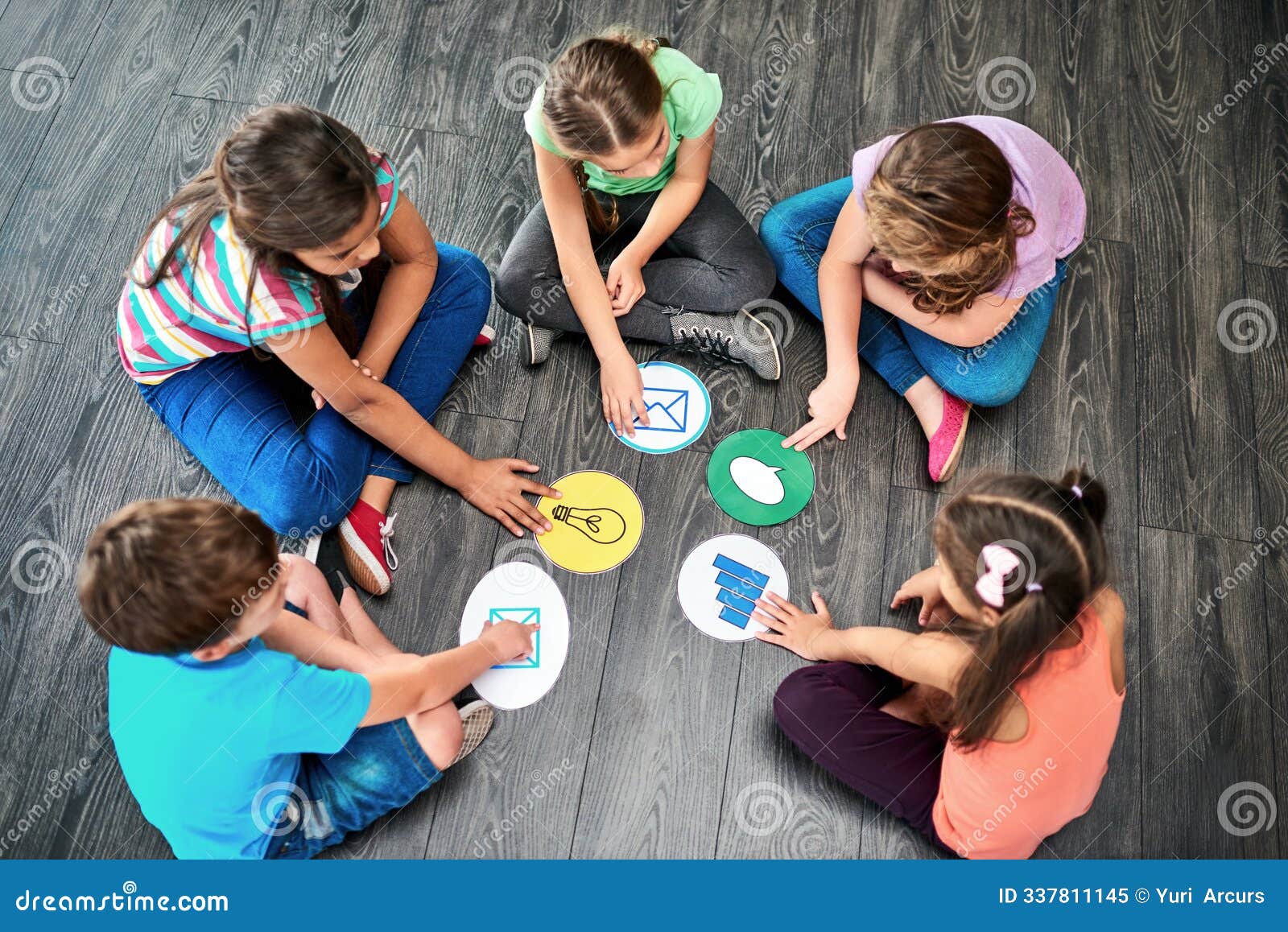 Kids, Group and Playing a Game on Floor with Communication Icons ...
