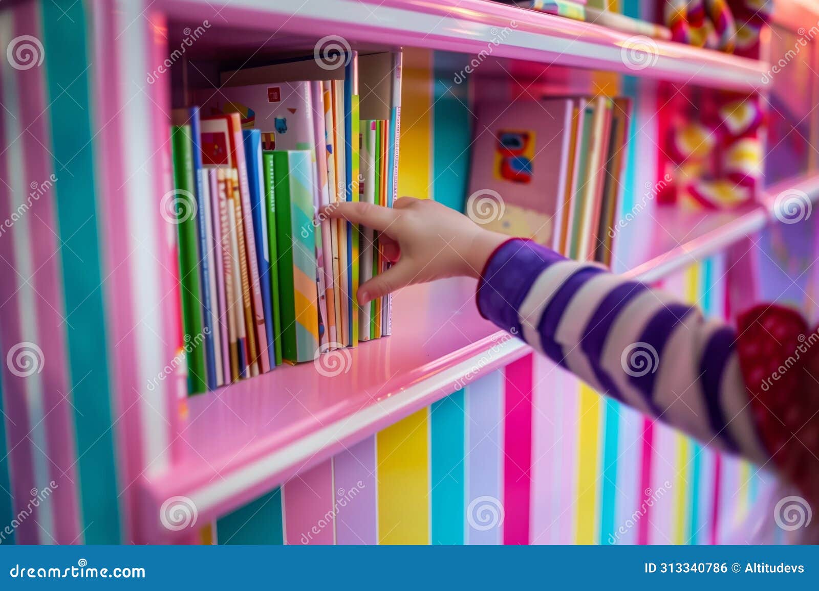 Kids Hand Pulling a Book from a Candystriped Shelf Stock Photo - Image ...