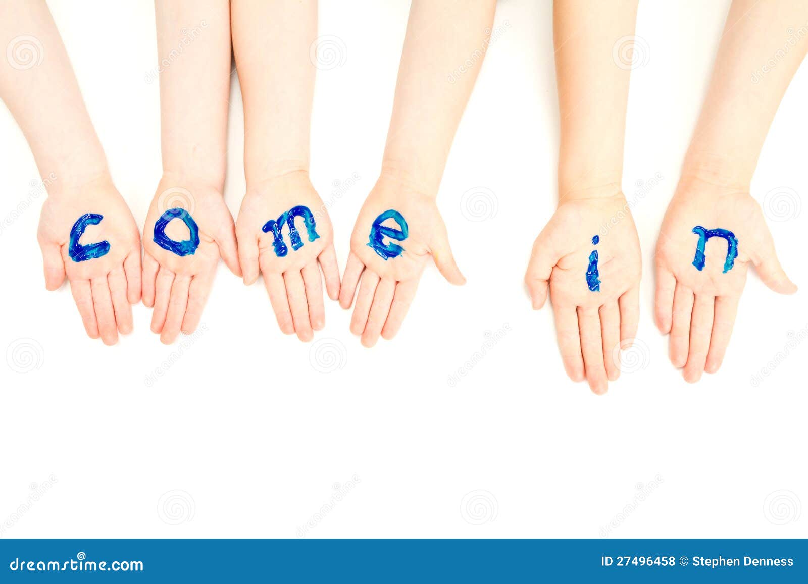 Kids Hands Painted with Welcome Come in Sign Stock Photo - Image of ...