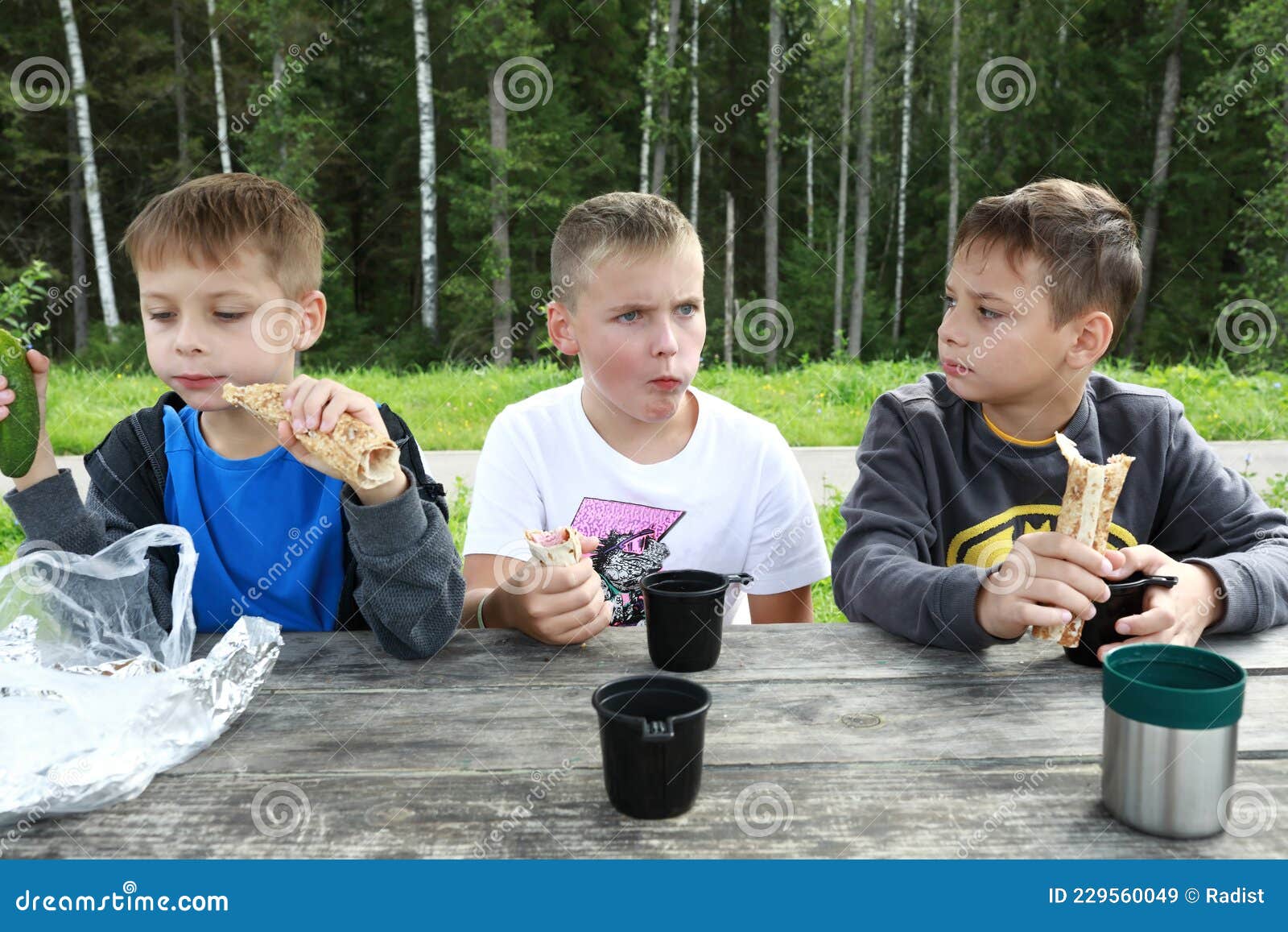 Kids have lunch on picnic stock image. Image of person - 229560049