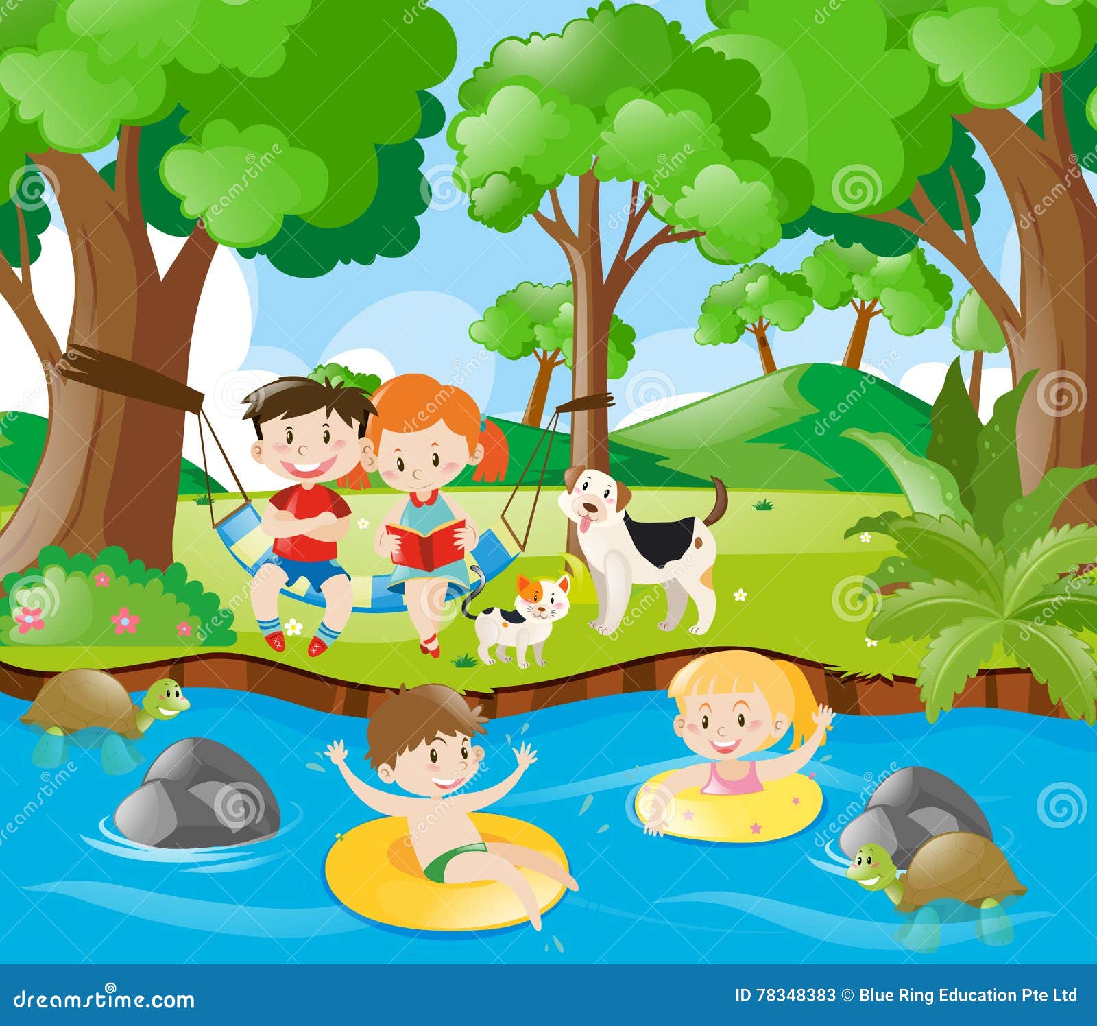 Kids Having Fun in the River Stock Vector - Illustration of young ...