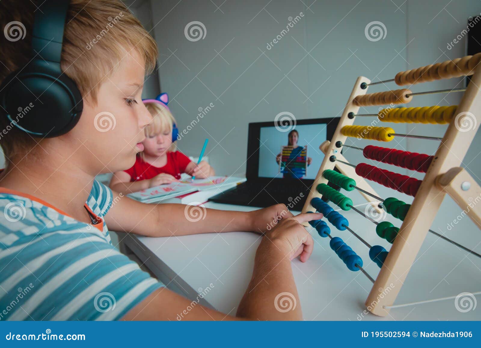 Kids Having Online Math Lesson at Home, Distant Learning Stock Photo ...