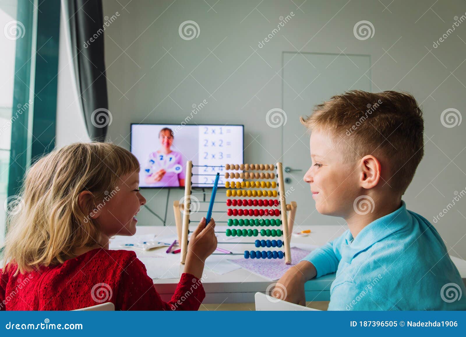Kids Having Online Math Lesson at Home, Distant Learning Stock Image ...