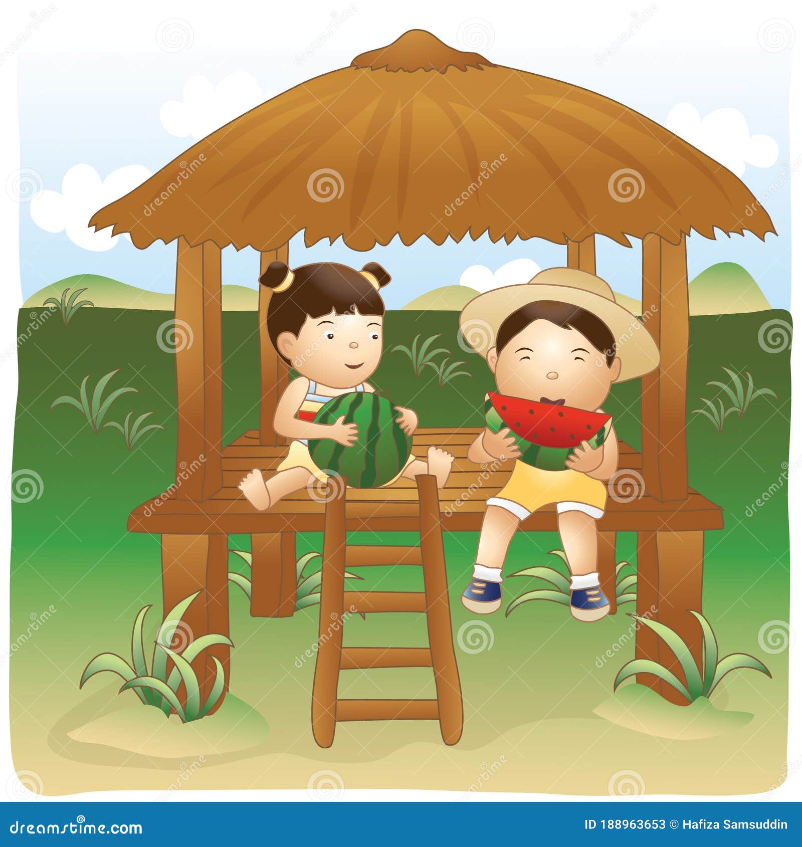 Kids Having Watermelon. Vector Illustration Decorative Design Stock ...