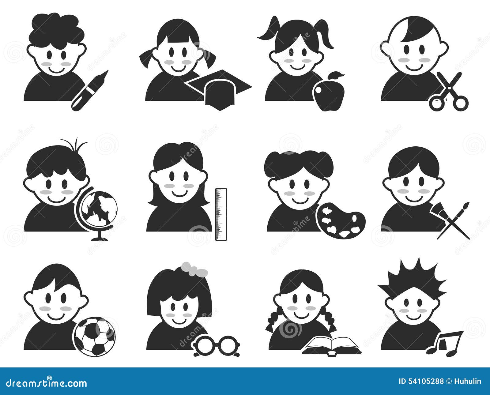 Kids Head with Education Icons Set Stock Vector - Illustration of black ...