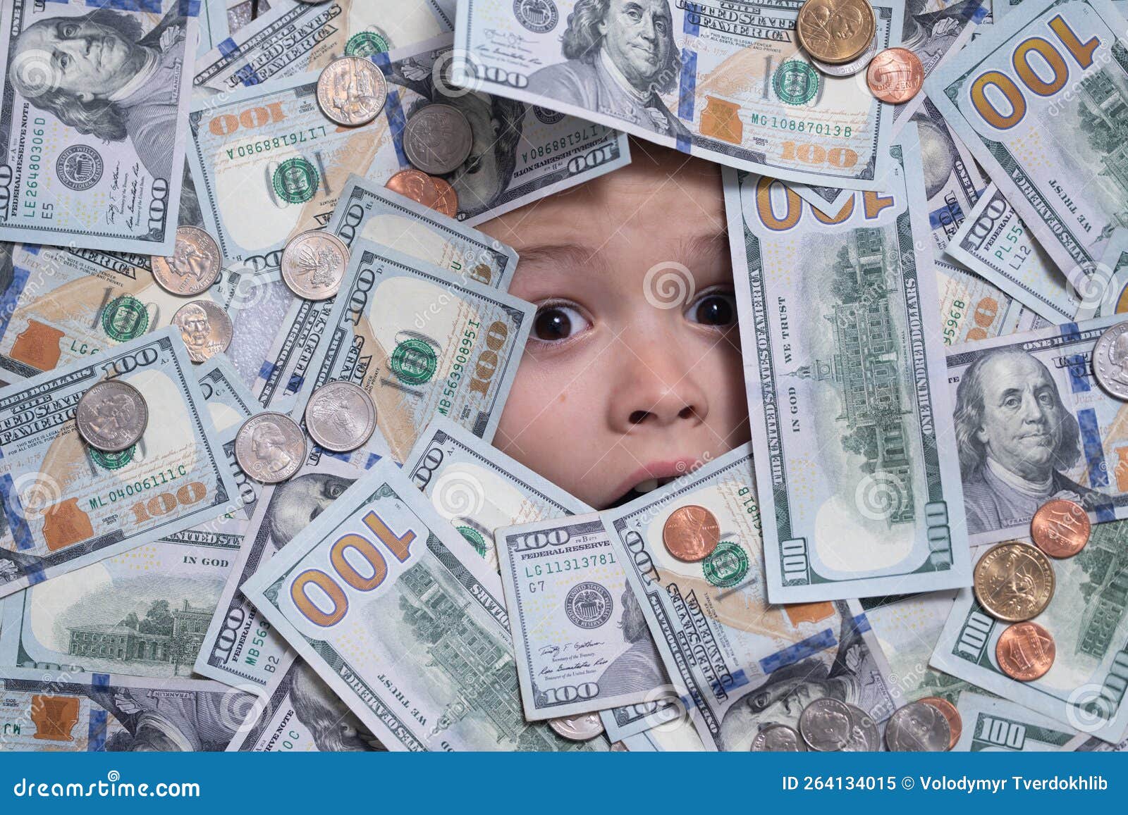 Kids Head in Money. Fun Kid Face on Dollars Money. Stock Image - Image ...