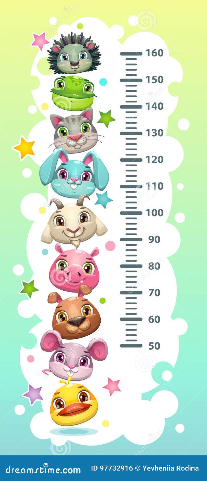Kids Height Chart Template with Funny Cartoon Round Animals. Stock ...