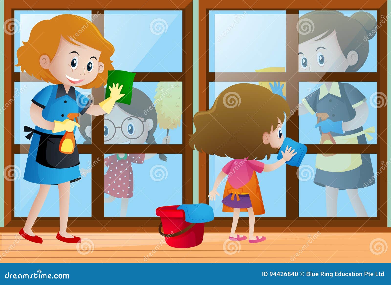 Kids Helping Cleaners Cleaning the Windows Stock Vector - Illustration ...