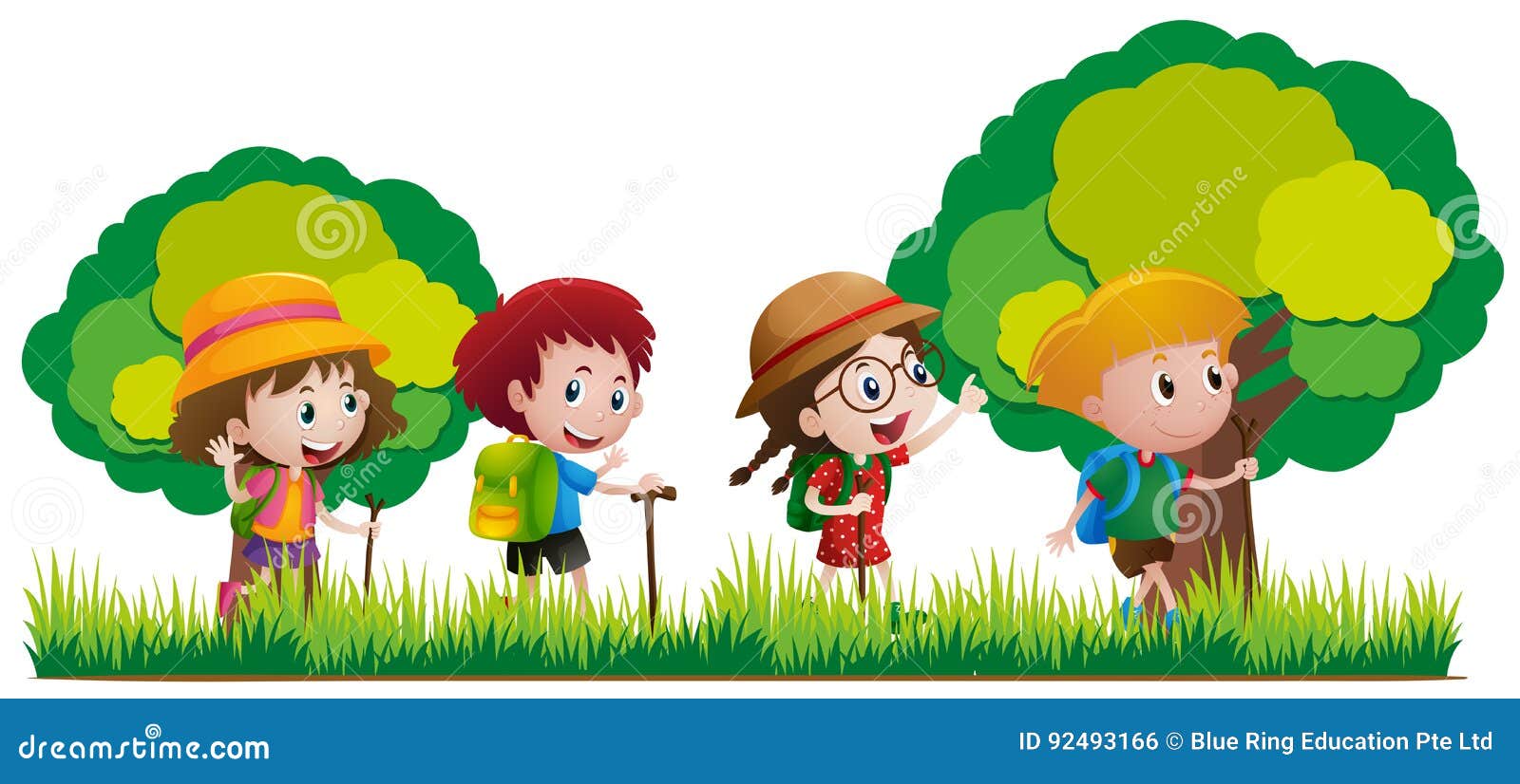 Kids hiking in the forest stock vector. Illustration of white - 92493166
