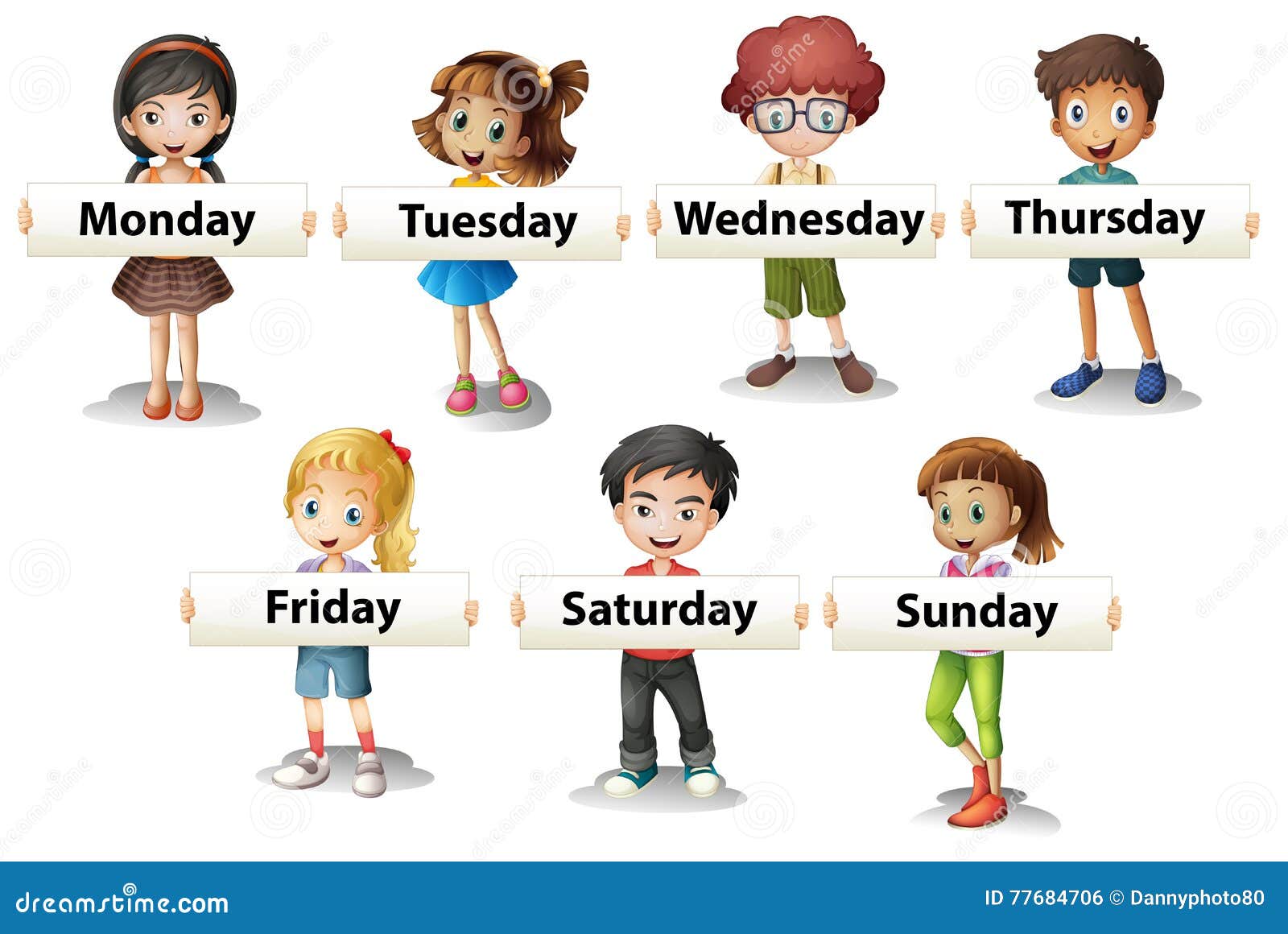 Kids Holding Cards Saying Days of the Week Stock Vector - Illustration ...