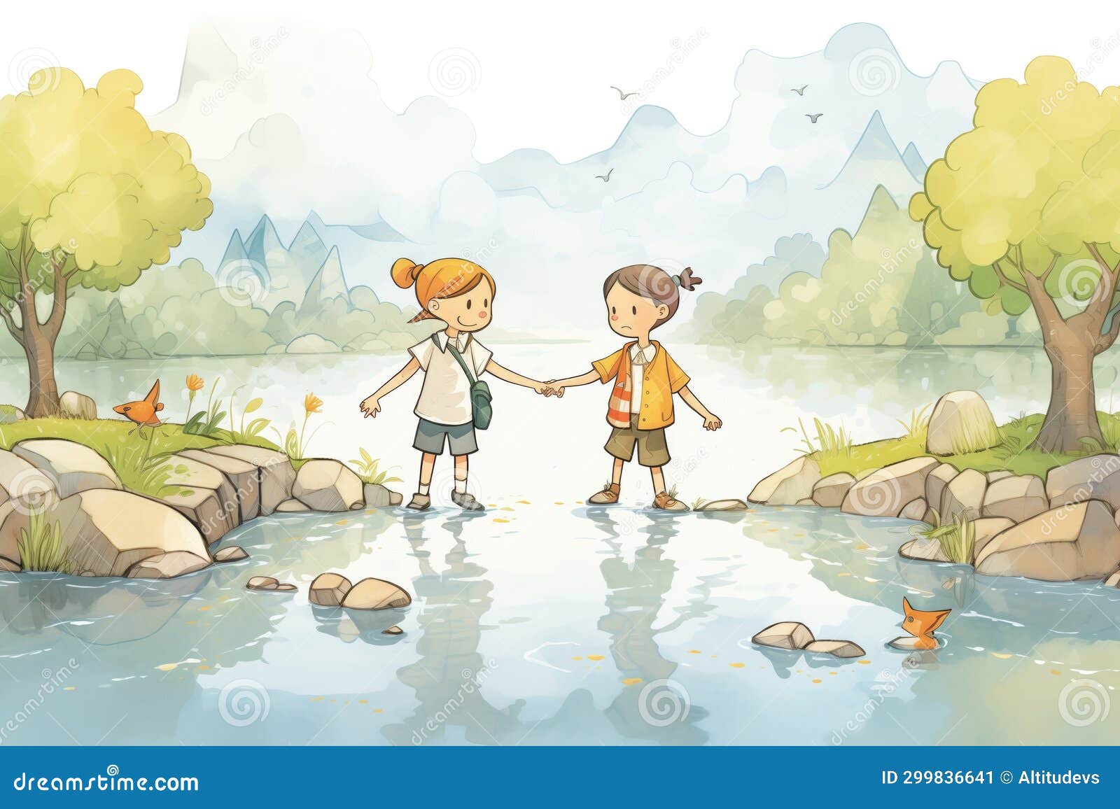 Kids Holding Hands while Crossing a Stream Stock Image - Image of ...